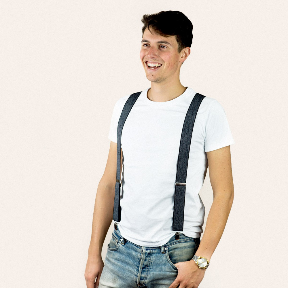 Bretelles homme larges à pinces - Chevron bleu marine - Bertelles