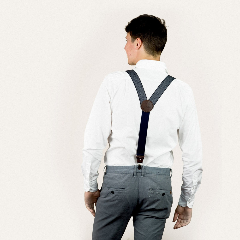 Wide clip-on men's braces / suspenders with leather details – Navy chevron