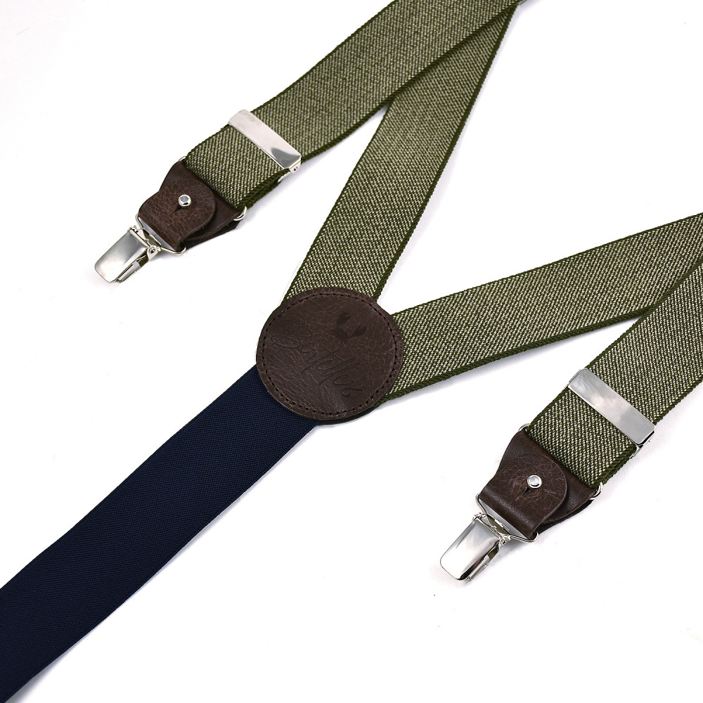 Bretelles homme larges à pinces et cuir – Tweed kaki - Bertelles