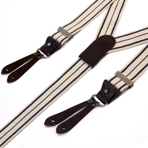 Selvedge wide men's braces / suspenders – Navy stripe on ecru